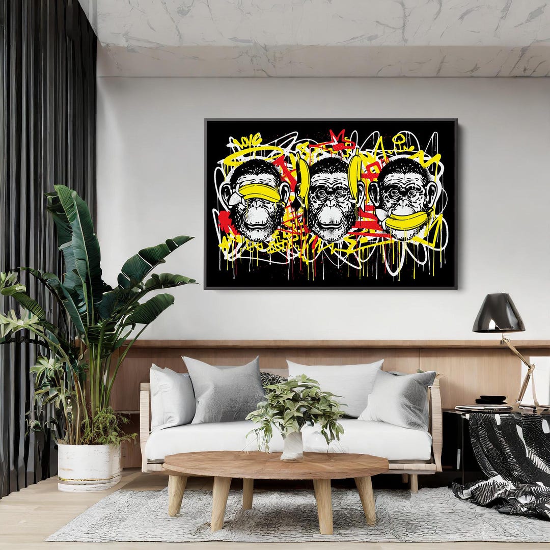Three Wise Monkeys Graffiti Canvas Wall Art, See Hear Speak No Evil ...