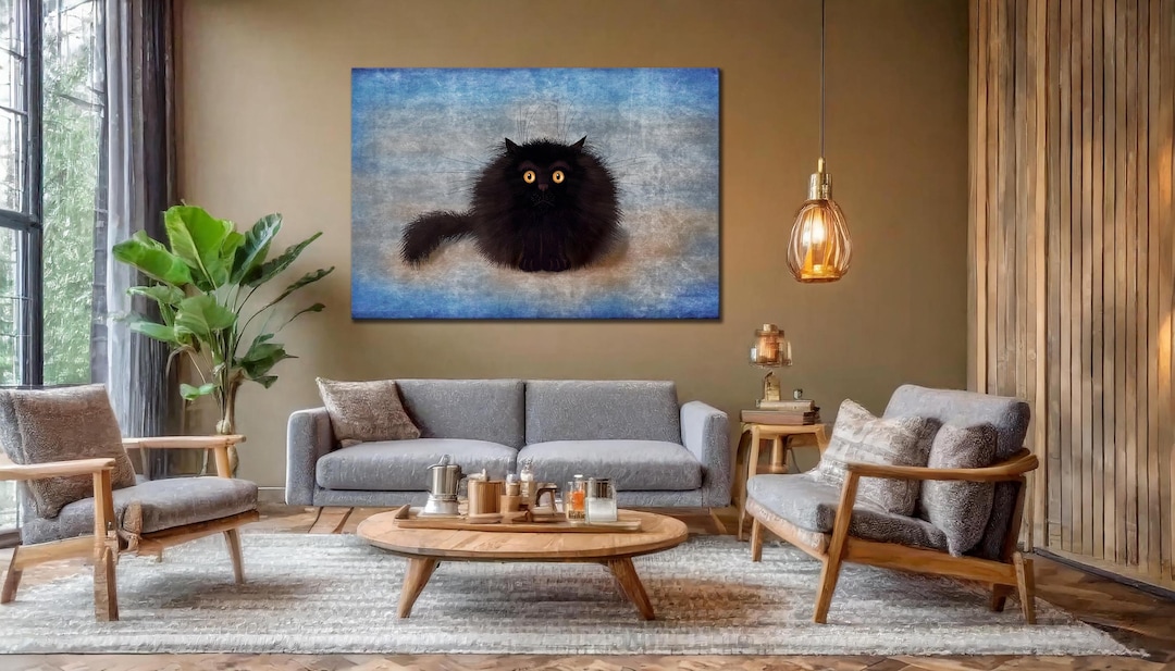 Funny Fluffy Black Cat Art, Quirky Soot Sprite With Big Eyes Canvas ...