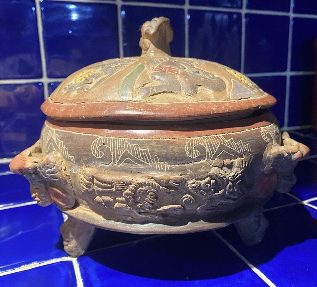 Mayan Aztec Clay Footed Pot - Etsy