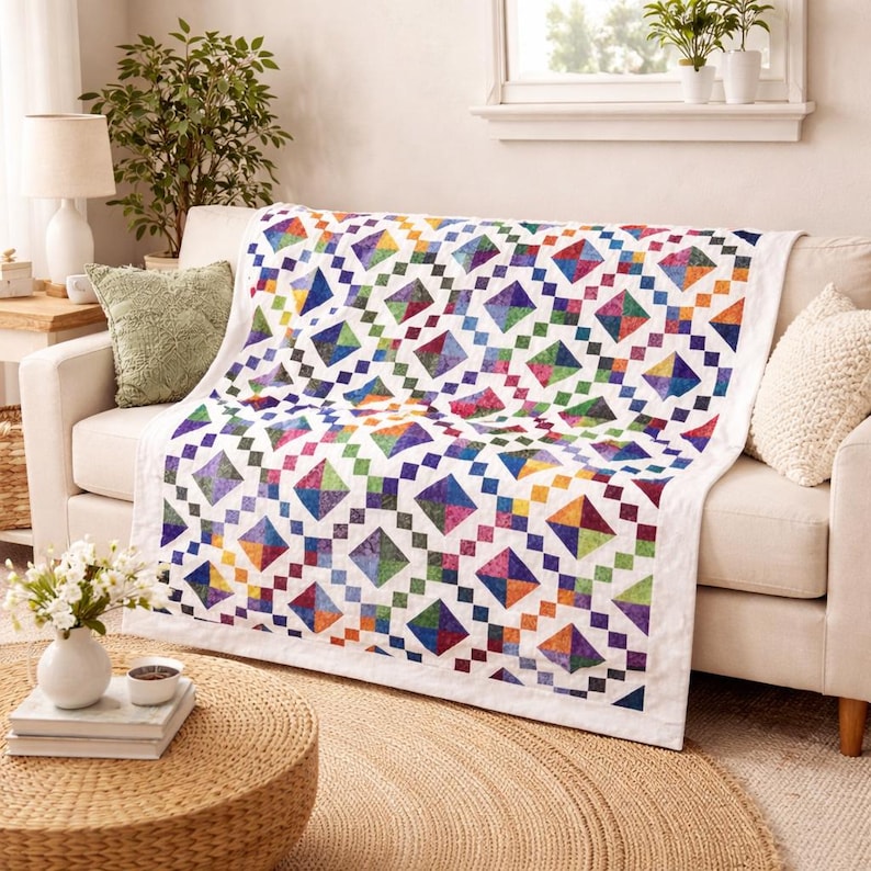 Jewel Box Quilt Pattern | Colorful Diamond Patchwork, King Size (PDF ...