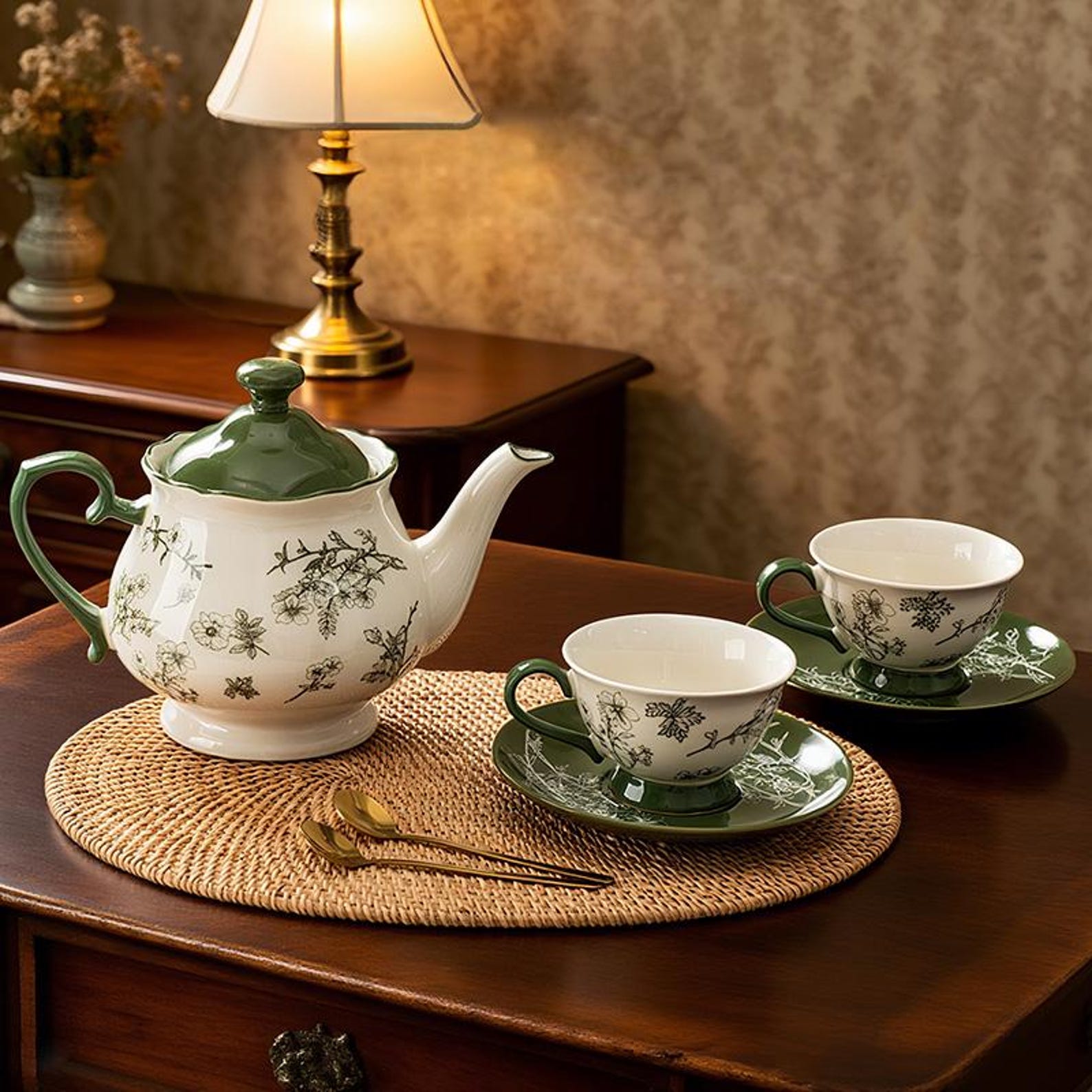 Green Vintage Porcelain Tea Set, Ceramic Teapot Cup Saucer Set, Floral ...