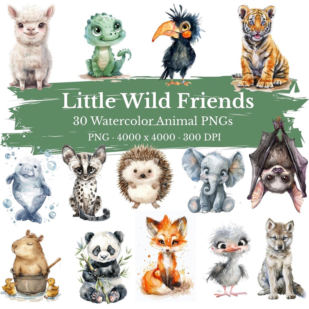 Baby Animals Watercolor Clipart Set, 30 PNG Files, Cute Safari and ...