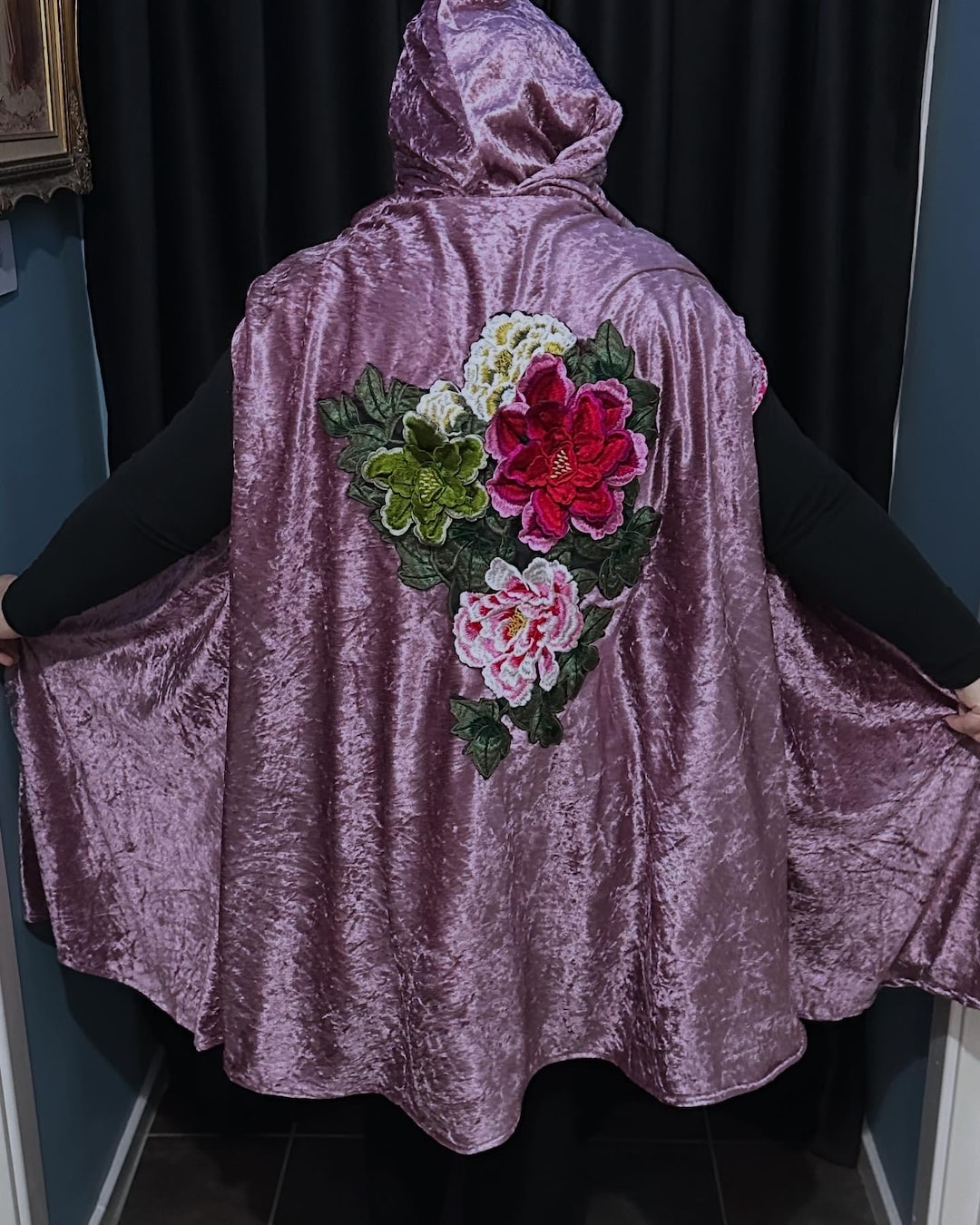 Half Length Pink Crush Velvet Hooded Cloak With 3D Floral Embellishment ...