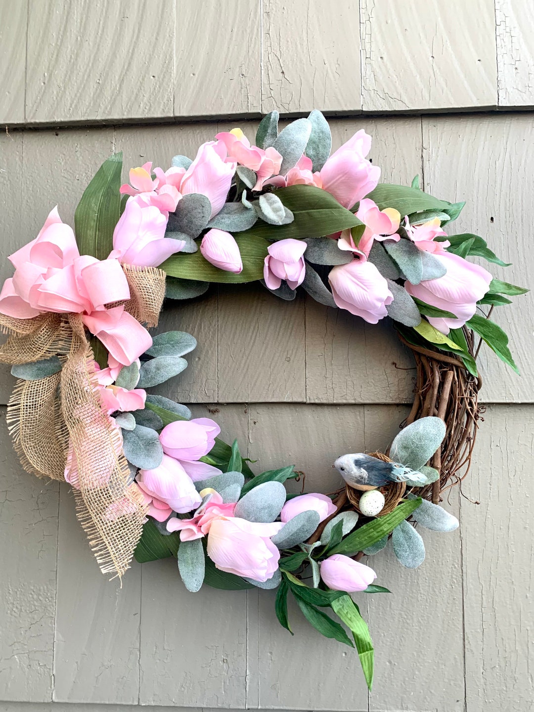 Pink Tulip Wreath for Front Door-birds Nest Wreath-mothers Day-romantic ...