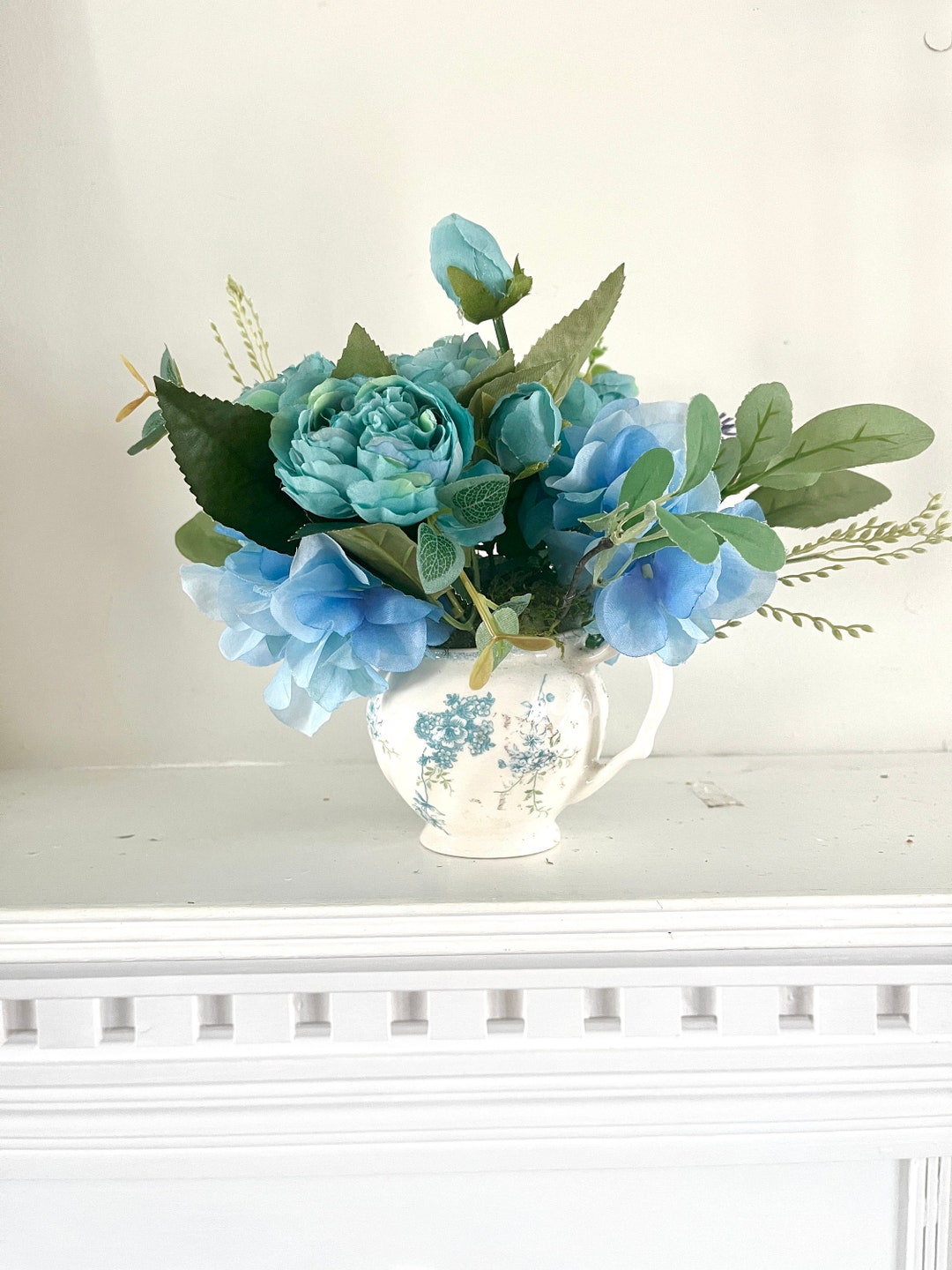 Blue Hydrangea Arrangement in Vintage Teacup-floral China. Creamer ...