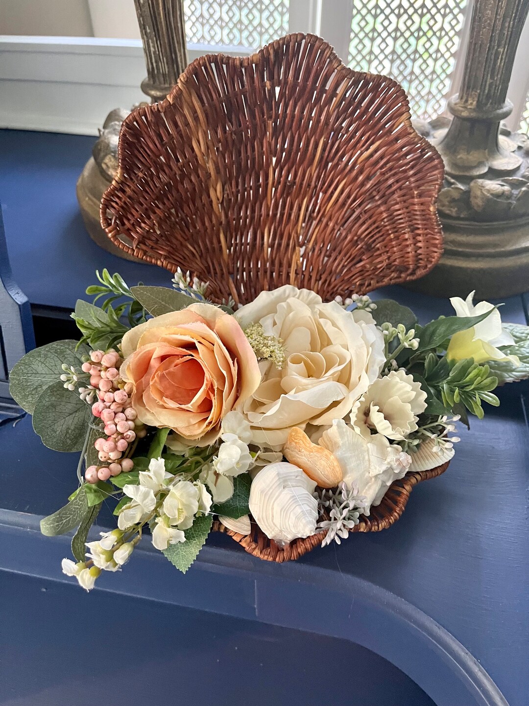 Clam Shell Arrangement-wicker Clam Shell-vintage Wicker Decor-coastal ...