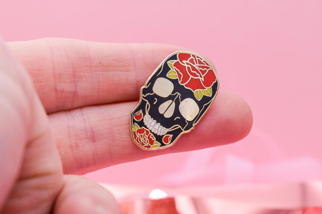 Skulls & Roses Hard Enamel Pin | Tattoo Style Skull Pin for Rockers and ...