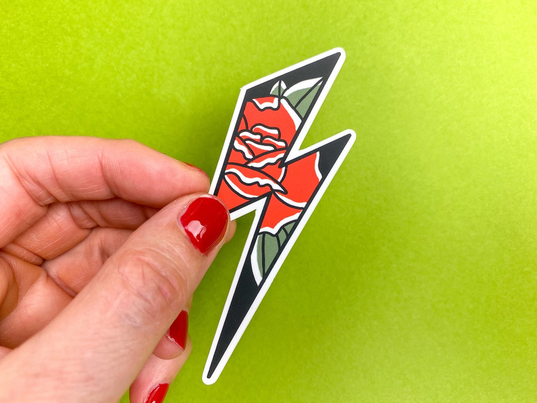 Love-struck Lightning Bolt and Roses Tattoo Sticker - Etsy