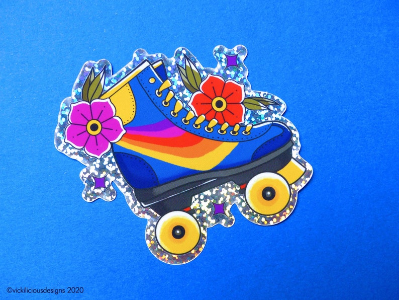 80s Rainbow Roller Skates Tattoo Print Glitter Sticker - Etsy