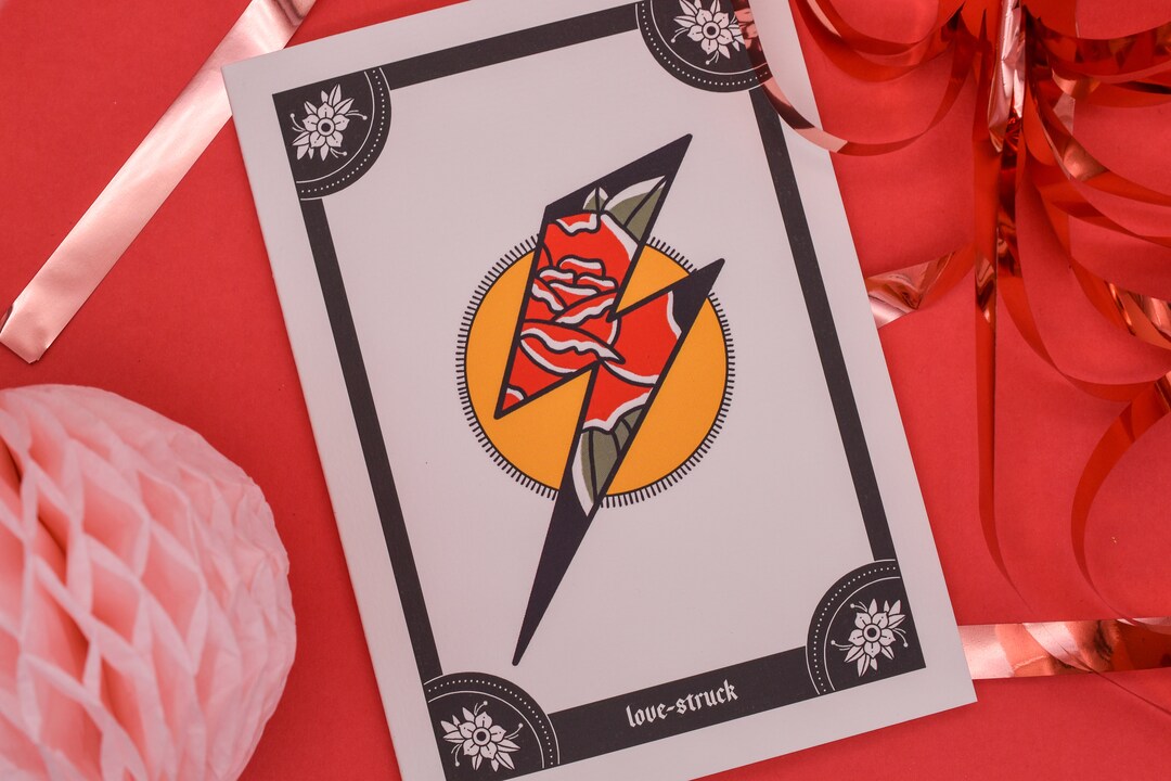 Love-struck Lightning Bolt & Rose Tattoo Handmade Card - Etsy