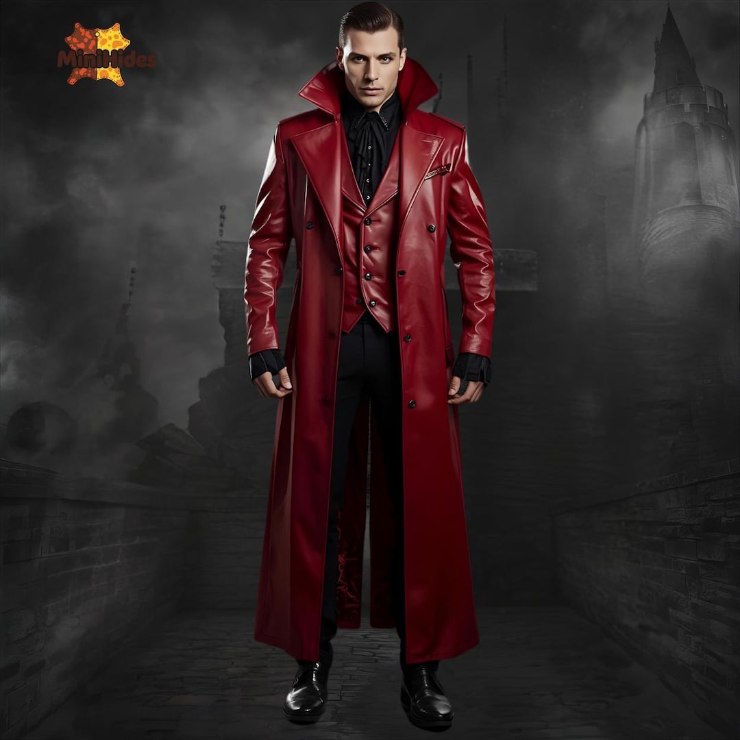Gothic Red Leather Trench Coat | Men’s Long Vampire Overcoat - Etsy