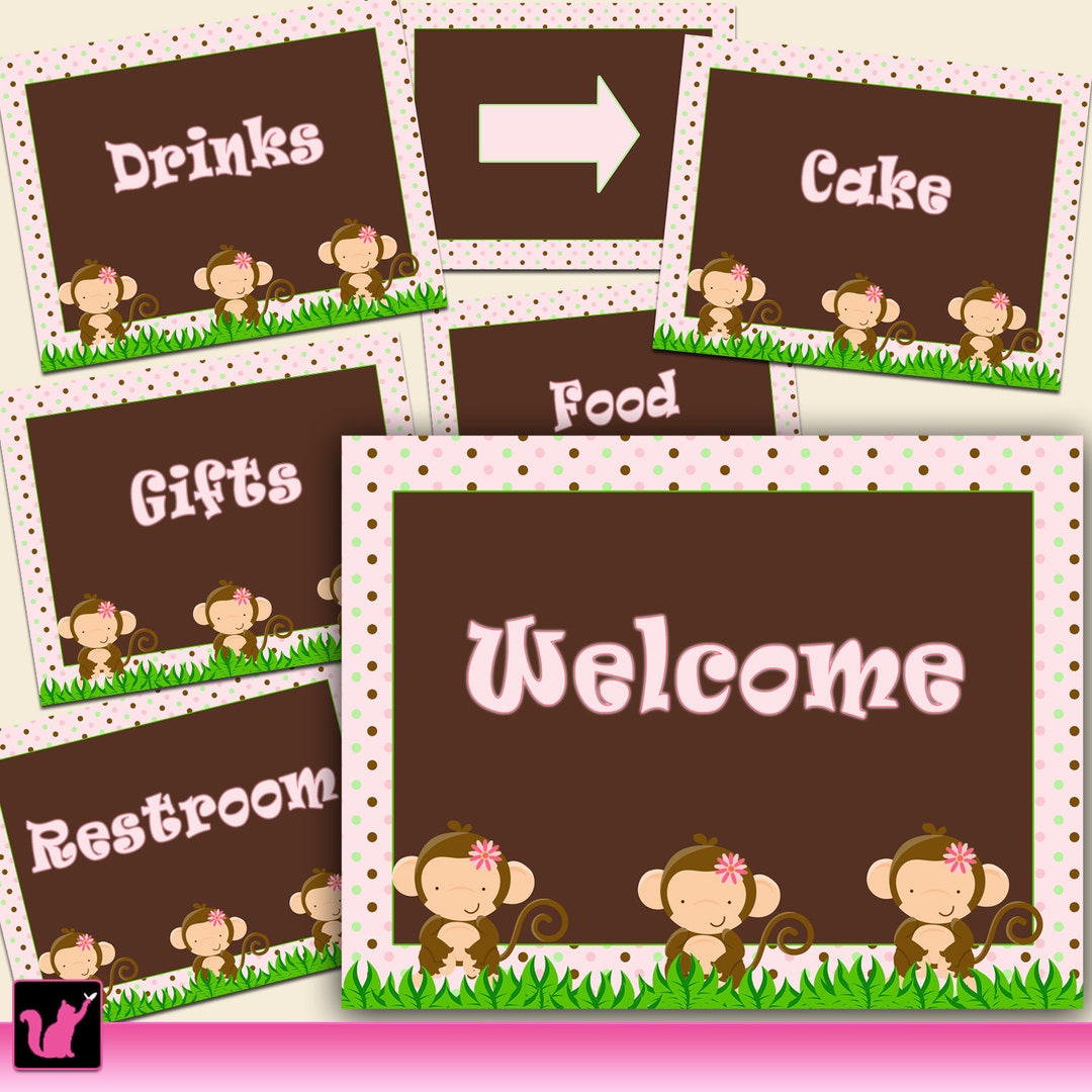 INSTANT DOWNLOAD Printable Jungle Monkey Pink Welcome and Party Signs ...