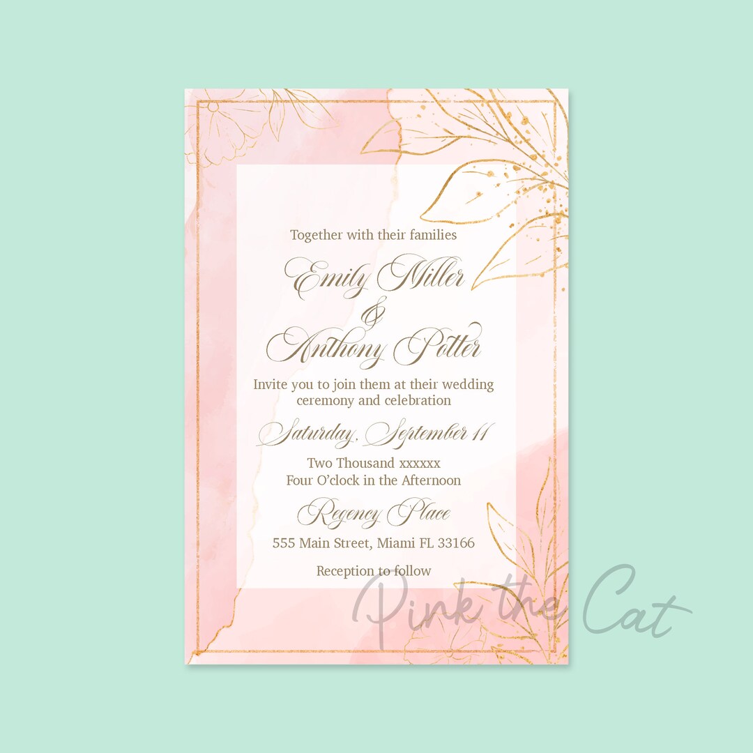 Blush Pink and Gold Wedding Invitation, Pink Gold Wedding Floral ...