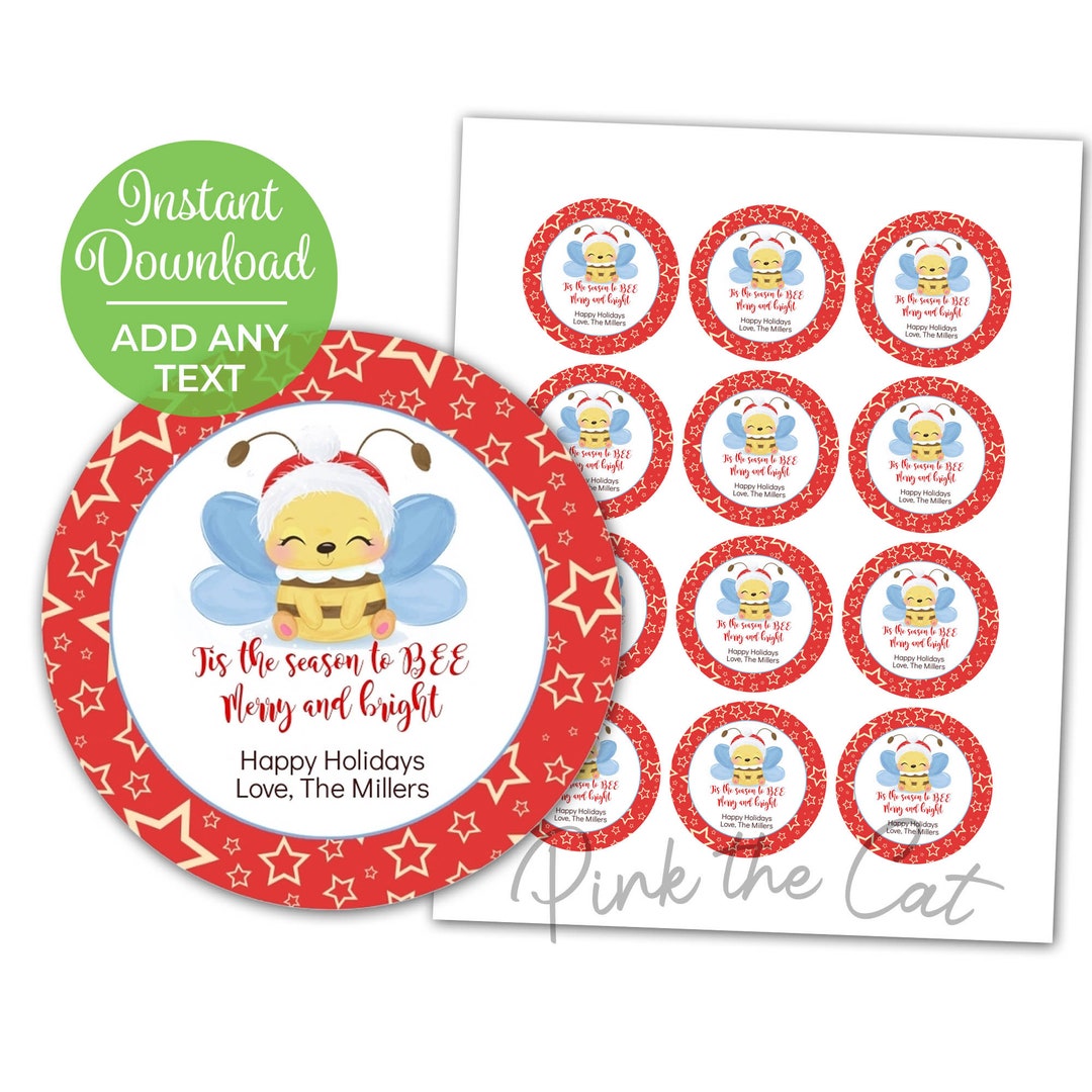 Christmas Bee Gift Tag With Editable Text, Bee Favor Sticker, Printable ...
