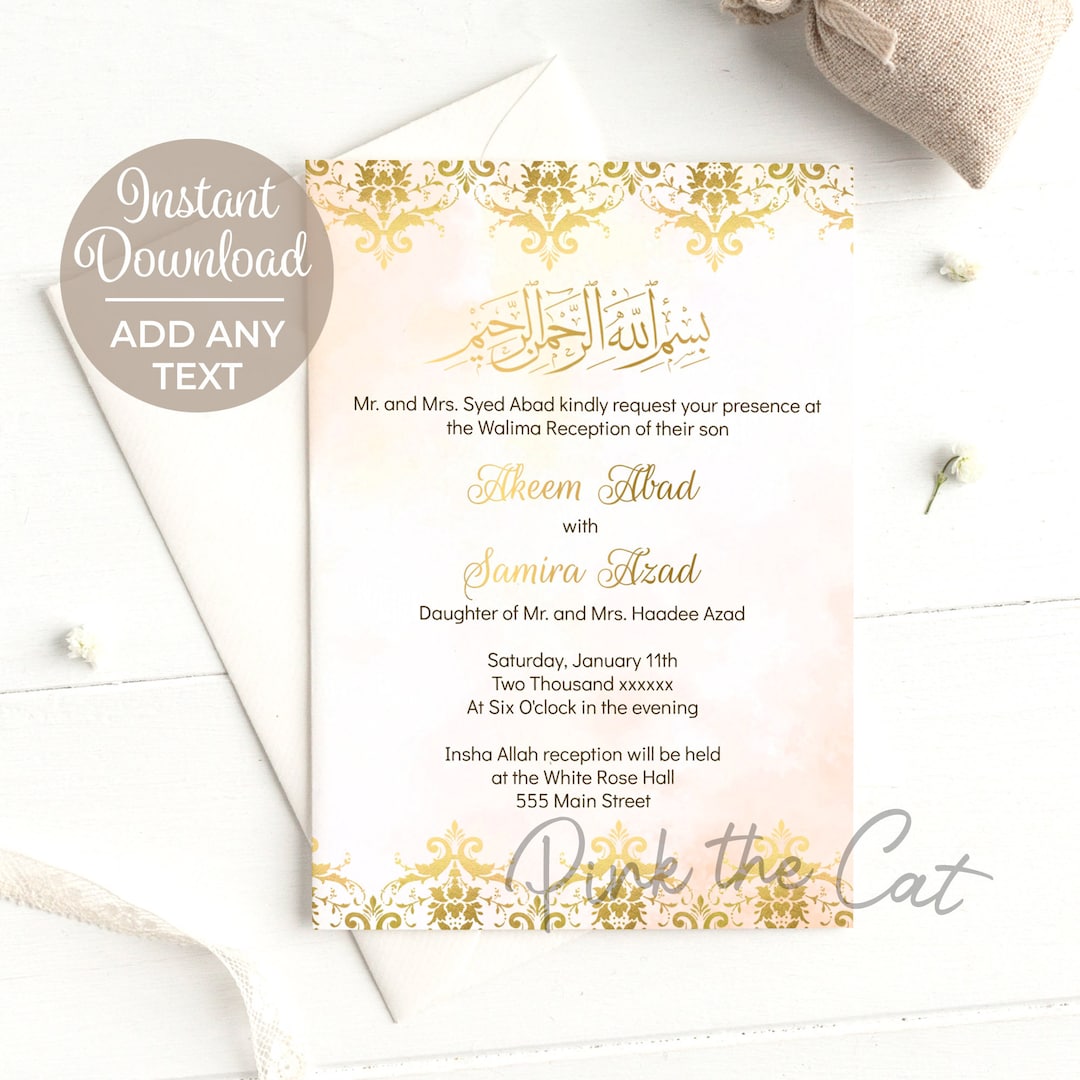 Damask Gold Walima Reception Invitationor Nikah, Watercolor Design ...