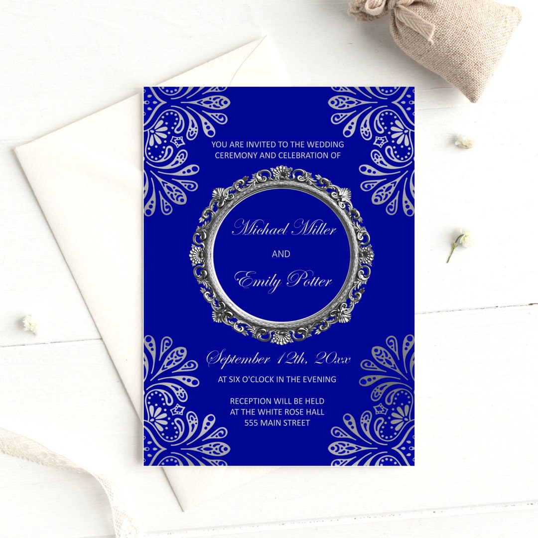 Royal Blue Silver Wedding Invitation, Mandala Silver Blue Invitation ...
