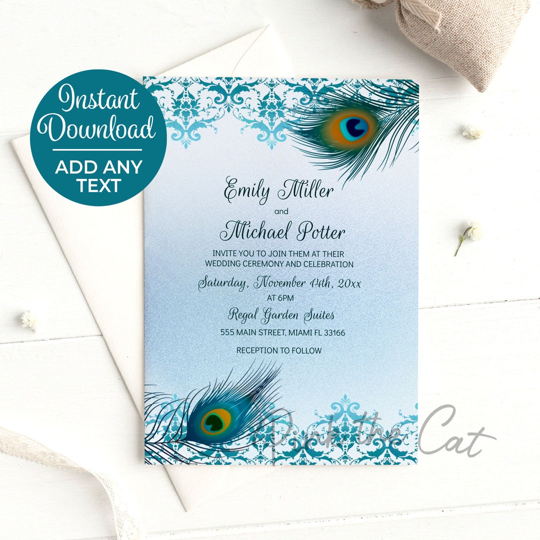 Peacock Wedding Invitation Teal Blue With Feathers and Ethnic Style ...