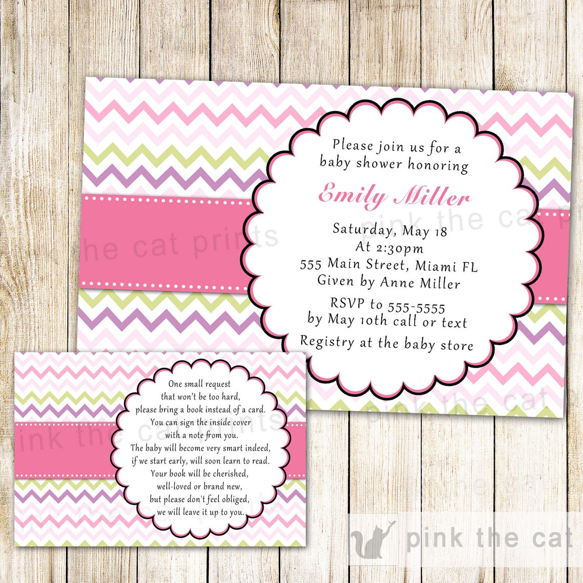 Chevron Baby Shower Invitation & Bring a Book Card - Pink Purple Green ...