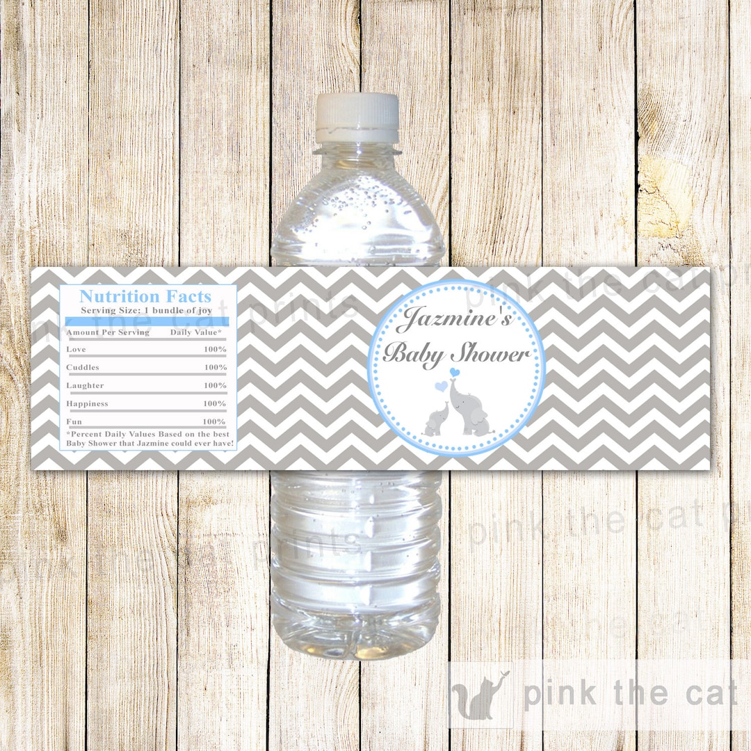 Elephant Water Bottle Label, Elephant Baby Shower Label, Blue Elephant ...