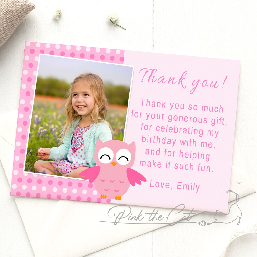 Owl Thank You Card for Kids Birthday Party, Owl Thank You Note ...