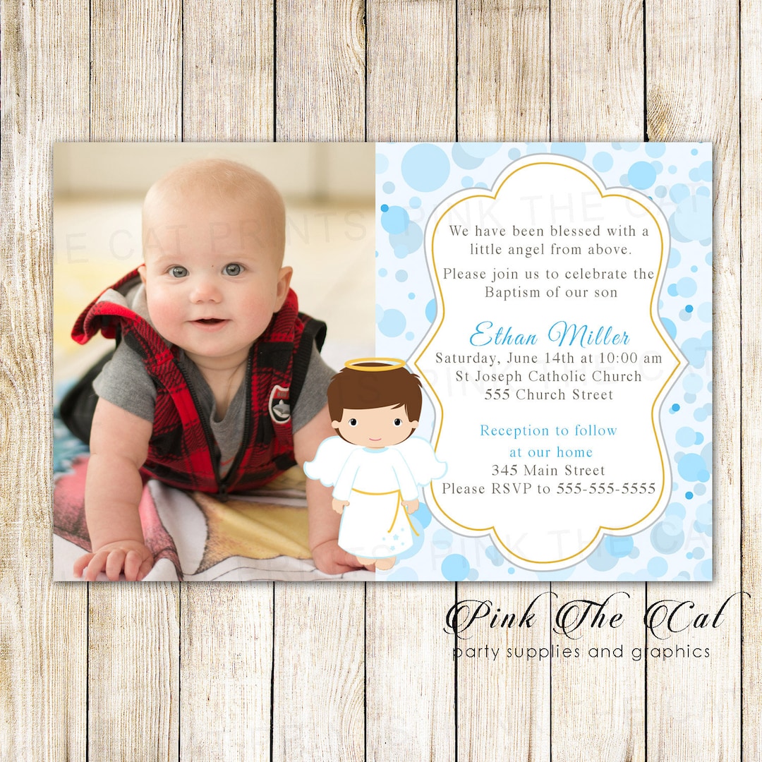 Boy Baptism Invitation With Angel, Printable Christening Baby Boy ...