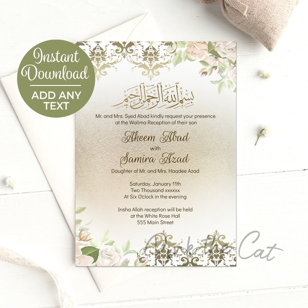 Floral Pink Gold Green Walima Reception Invitation or Nikah, Mehndi ...