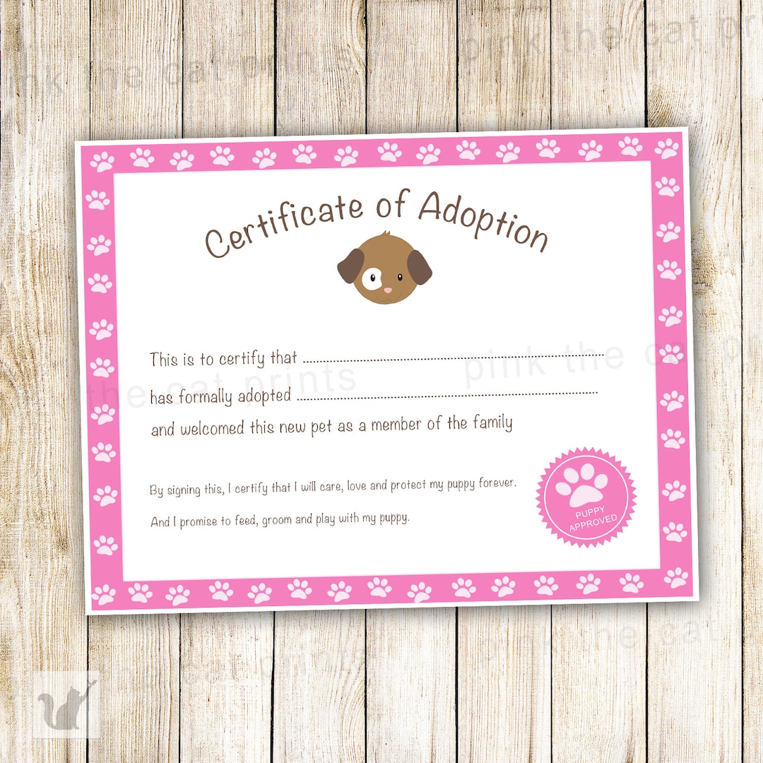 Certificate of Adoption Puppy Birthday Party Favor Kids Pink Printable ...