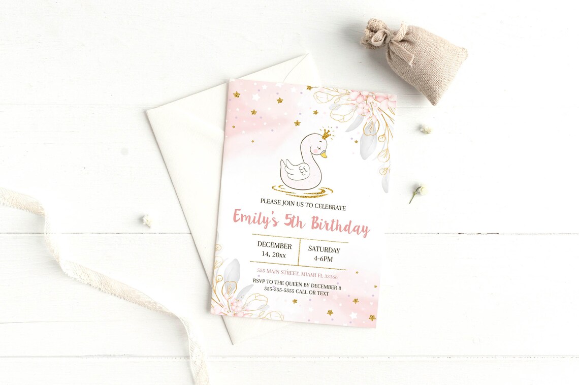 ON SALE Printable Swan Invitation, Princess Swan Invitation, Swan ...
