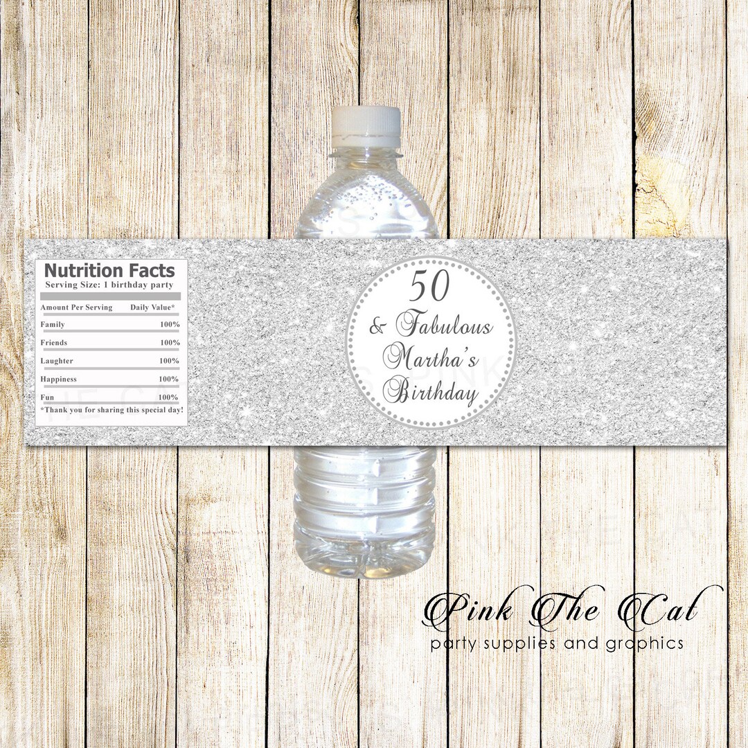 Glitter Silver Birthday Party Labels, Silver Birthday Water Bottle ...