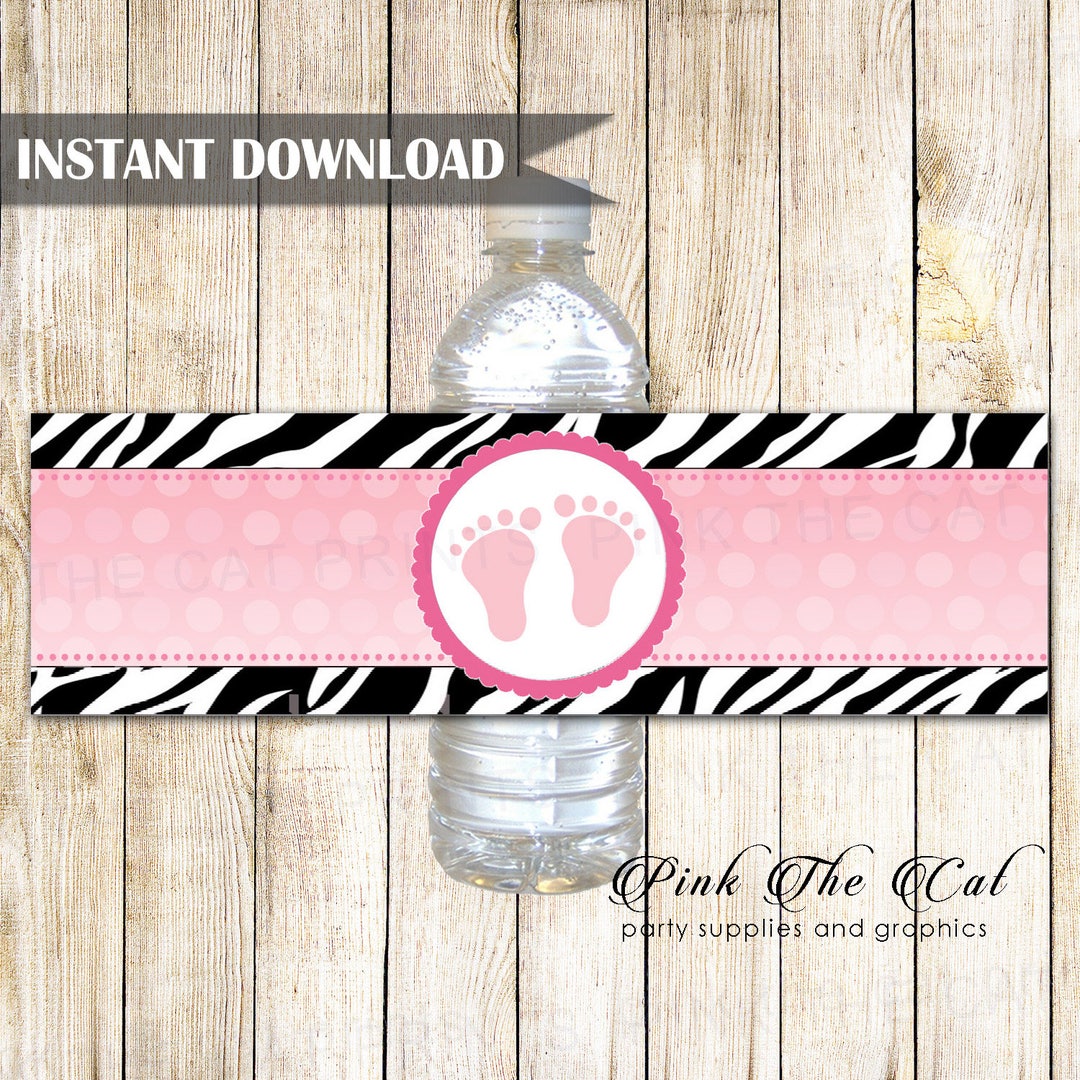 Pink Zebra Water Bottle Label, Pink Footprints Bottle Labels, Printable ...