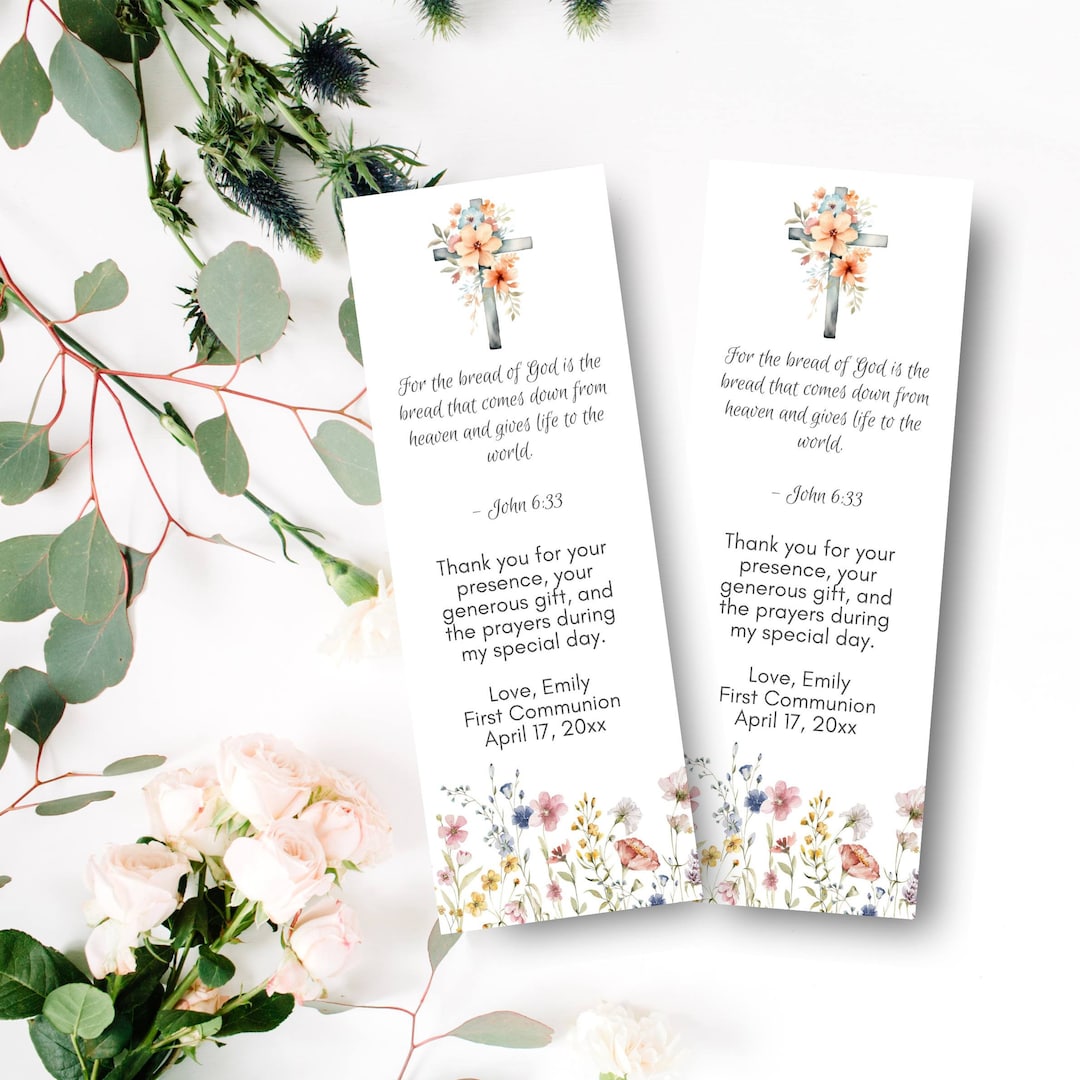 Greenery First Holy Communion Printable Bookmark Favors, Wild Flowers ...