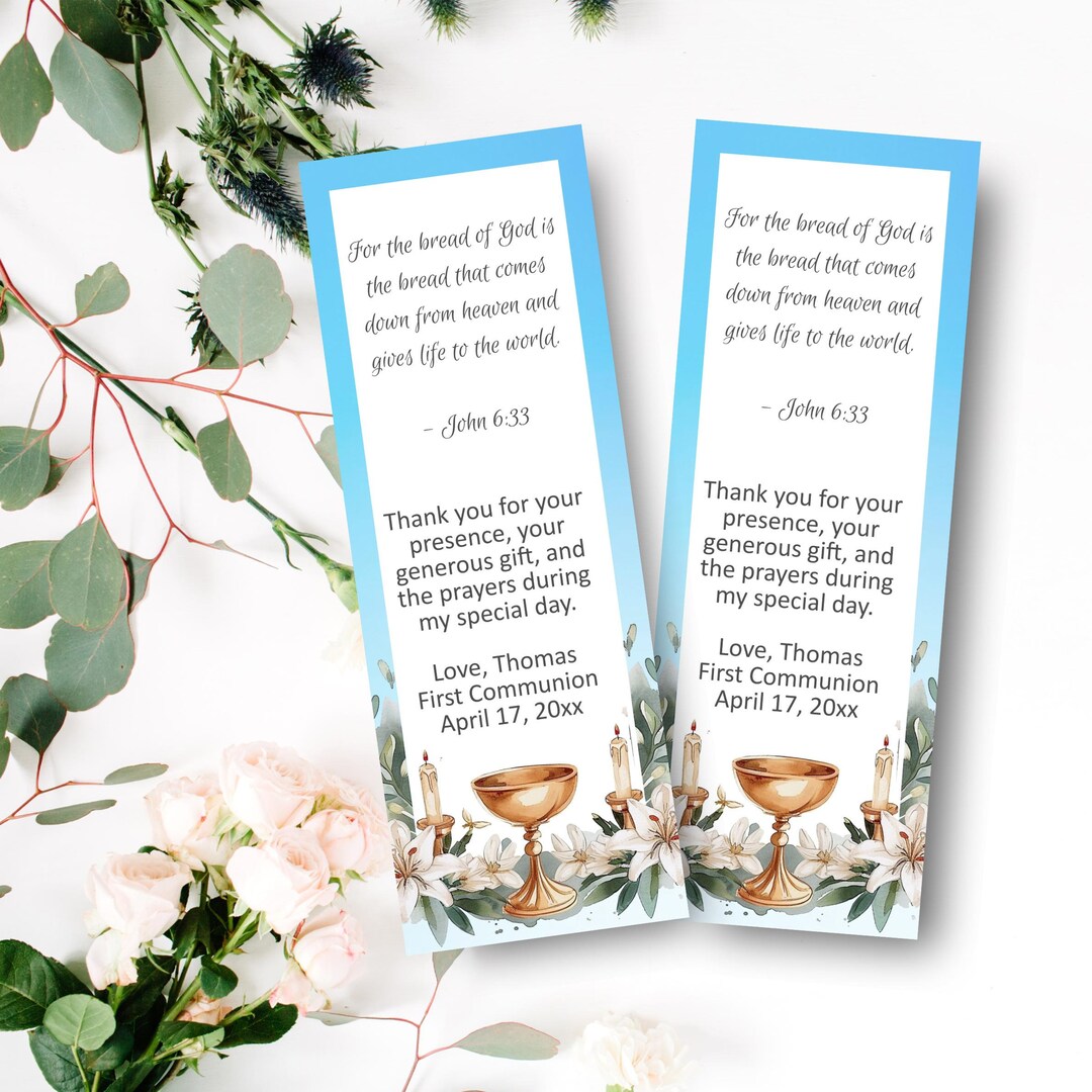 30 Printed First Communion Bookmarks for Boy or Girl Chalice Floral ...