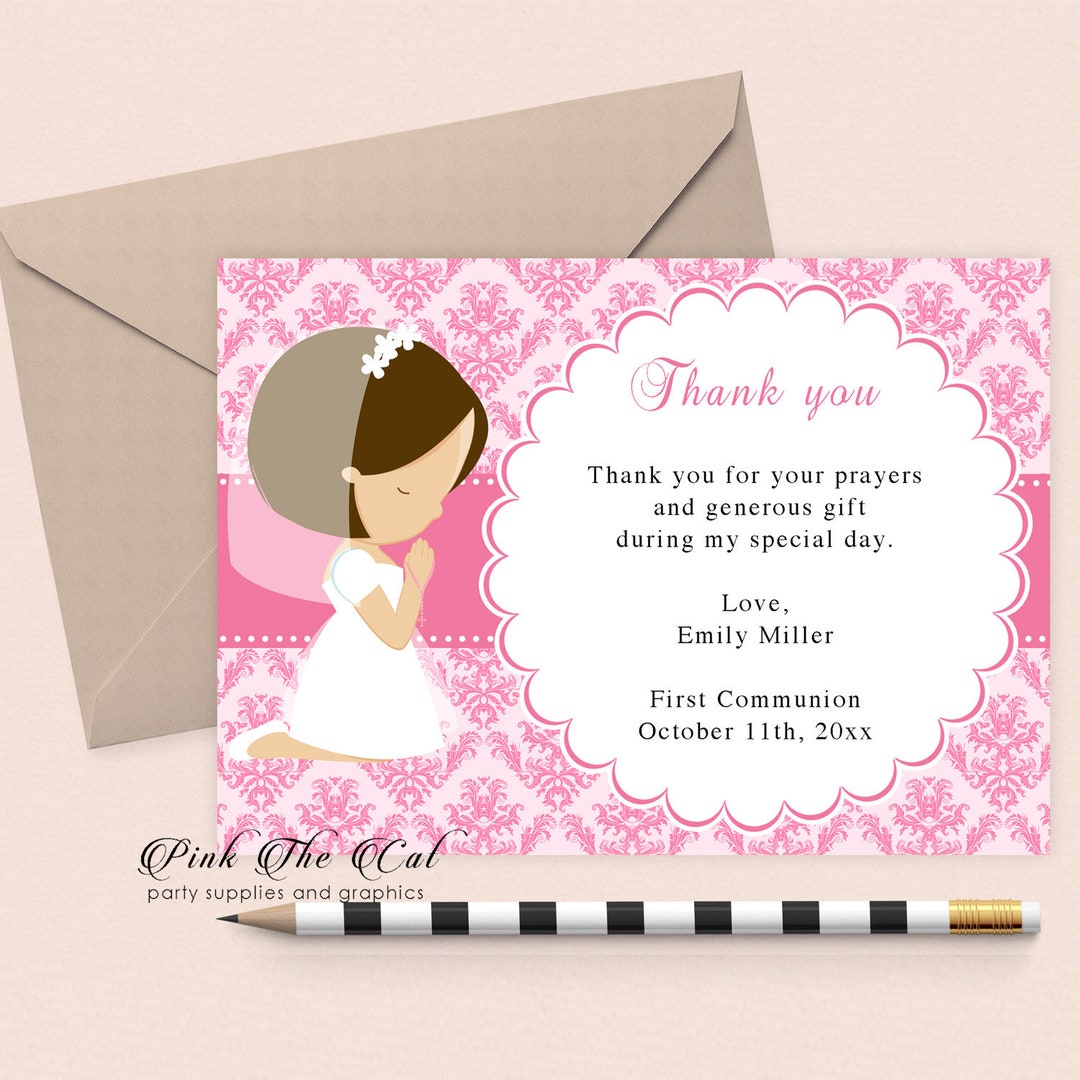 Girl First Communion Thank You Card, Girl Praying Thank You Card, Girl ...