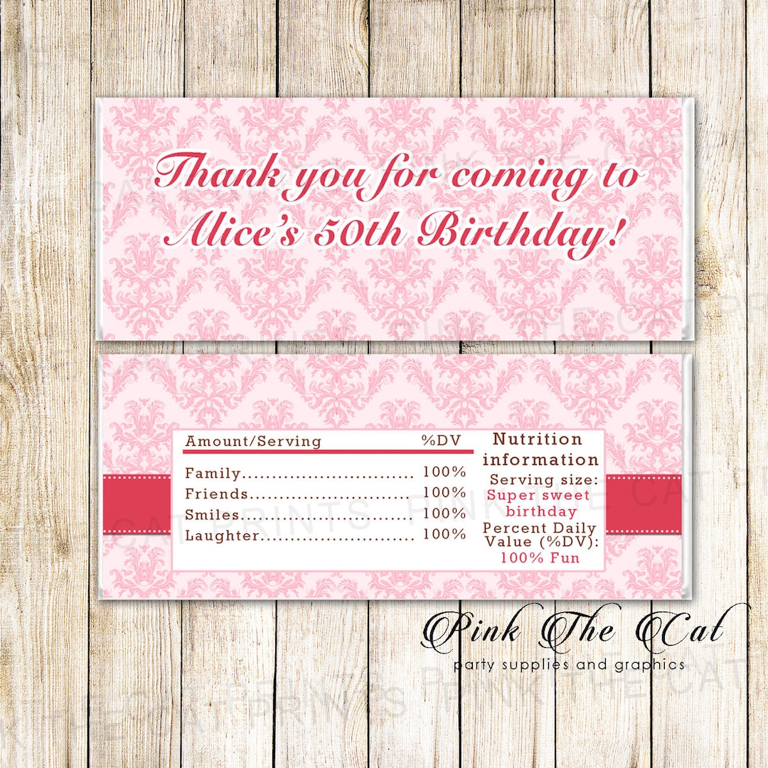 Pink Damask Candy Bar Wrapper - Adult Birthday Candy Labels - Birthday ...