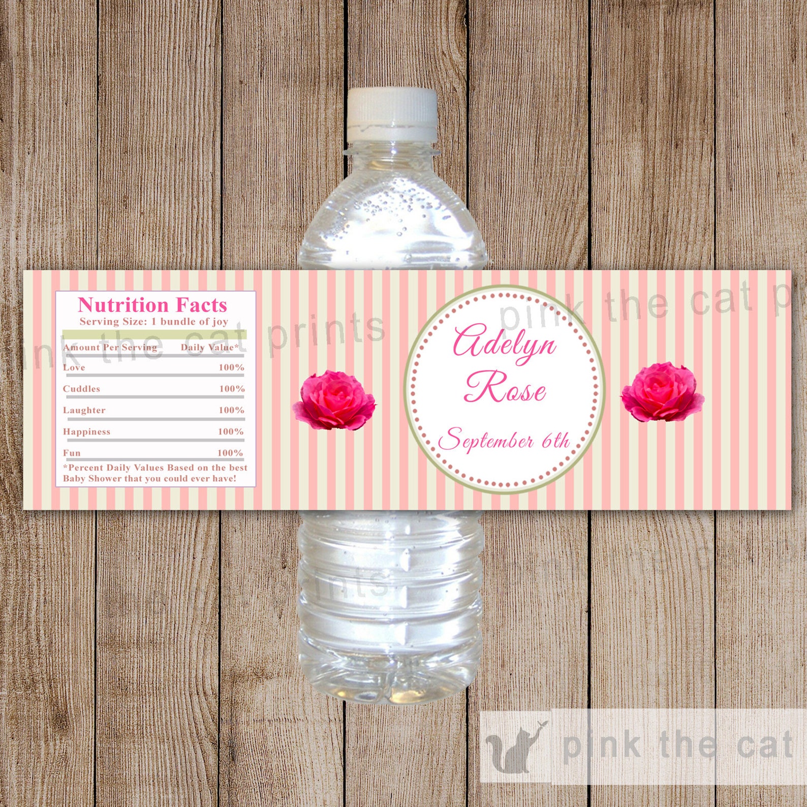 Rose Flower Water Bottle Label Stripes Baby Girl Shower Kids Birthday ...