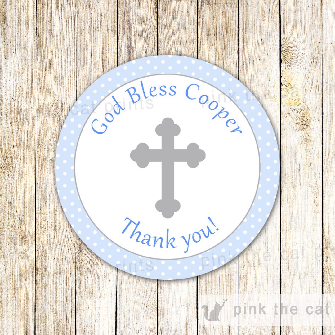 Light Blue White Polka Dots Baptism Label Boy Christening Thank You Tag ...