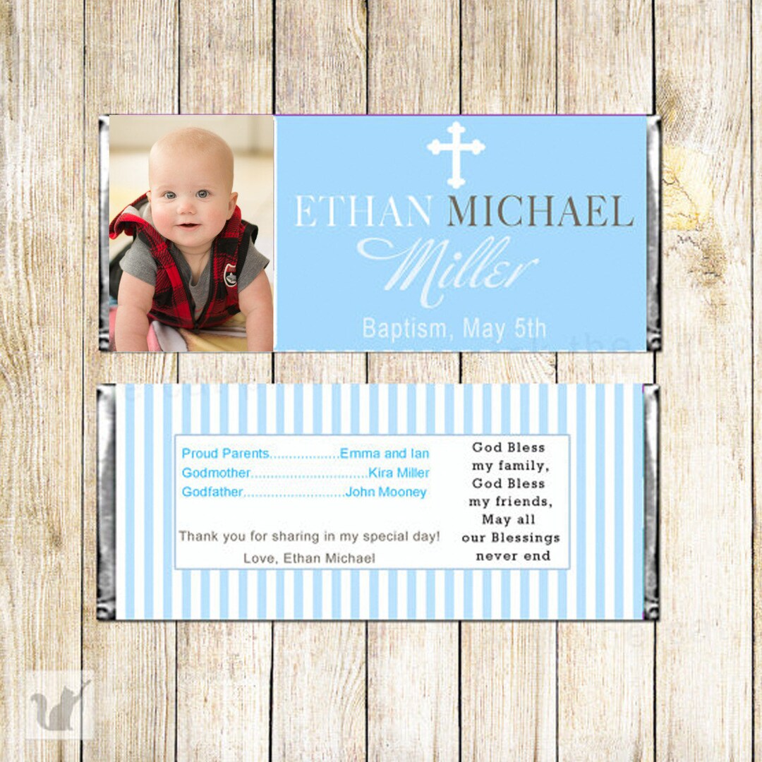 Blue White Stripes Baptism Candy Bar Wrappers - Printable Personalized ...