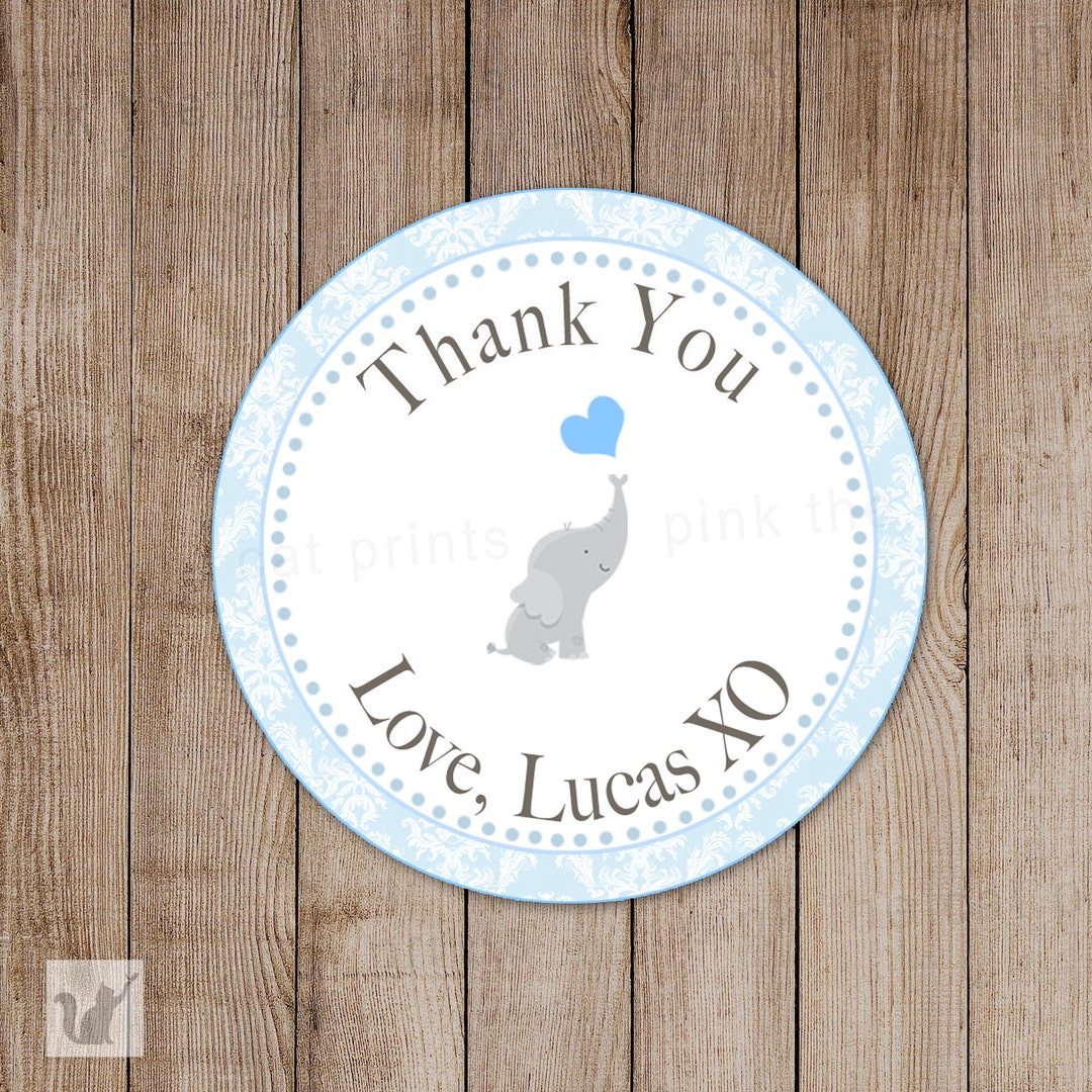 Elephant Favor Label - Damask Birthday Party or Baby Boy Shower ...