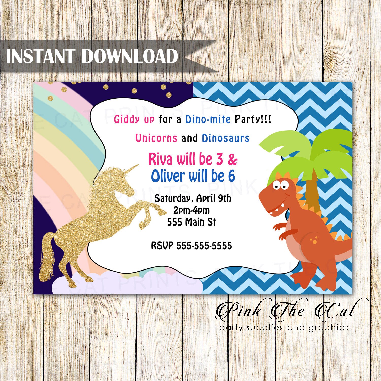 Unicorn Dinosaur Invitation - Dino Unicorn Invitation Kids Birthday ...