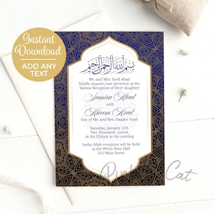 Nikah Invitation, Walima Ceremony Invitation Blue Gold Wedding ...