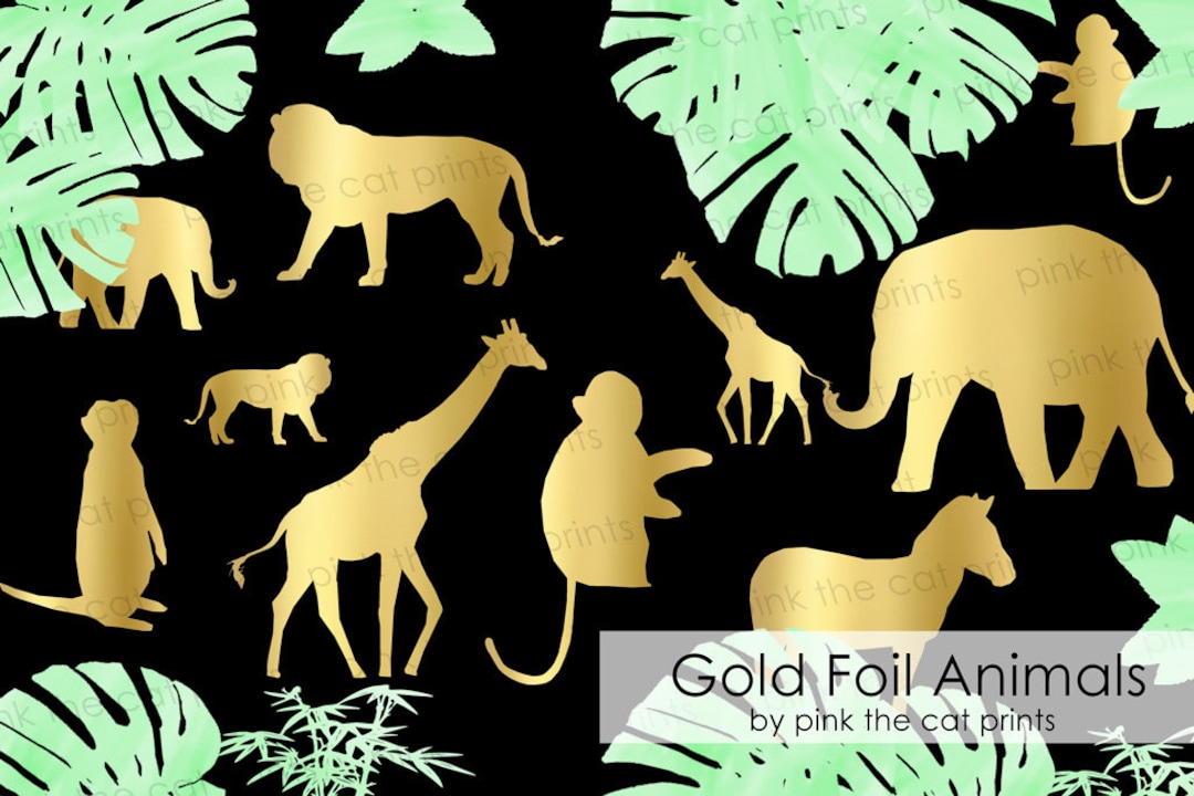 Jungle Animals Gold Foil, Gold Animals Illustration, Painted Leaf ...