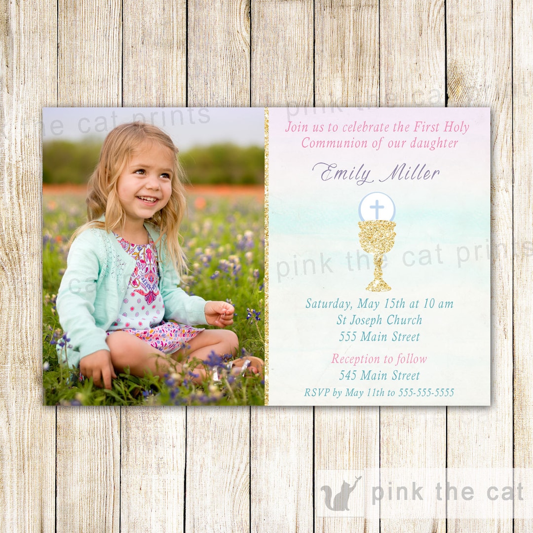 Girl Communion Invitation Gold Glitter Chalice Communion Invitation ...