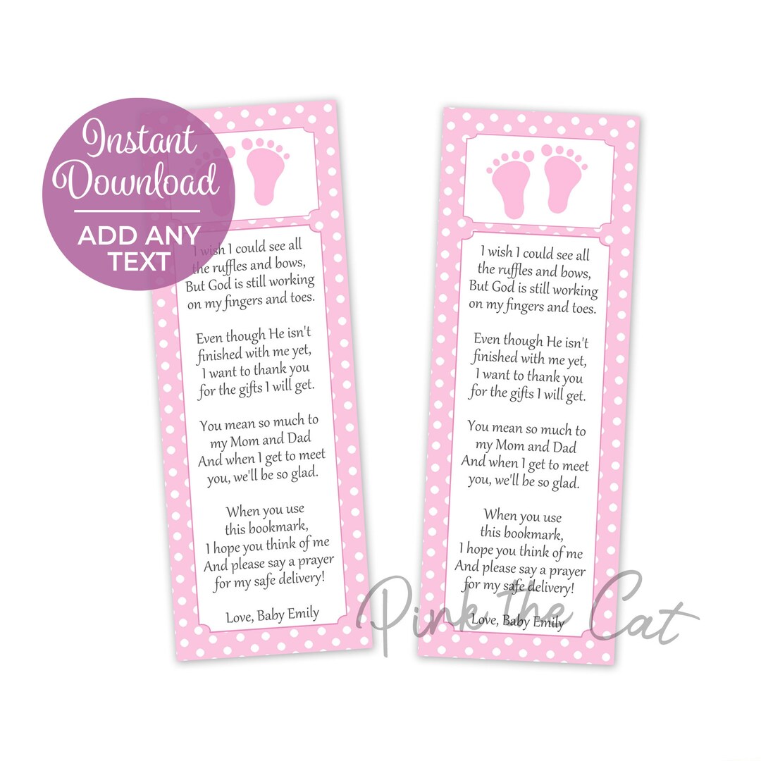 Baby Girl Bookmark, Footprints Baby Shower Favor Idea, Printable ...