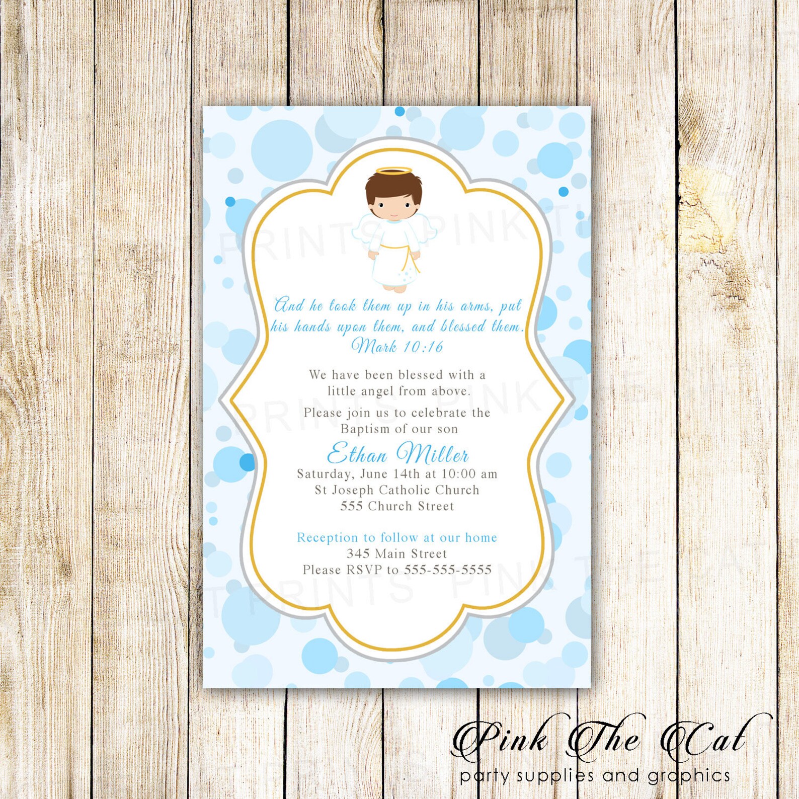 Boy Baptism Invitation With Angel, Printable Christening Baby Boy ...