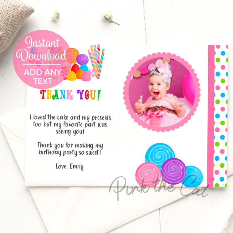 Candy Themed Thank You Card for Girl or Boy Birthday Party - Etsy