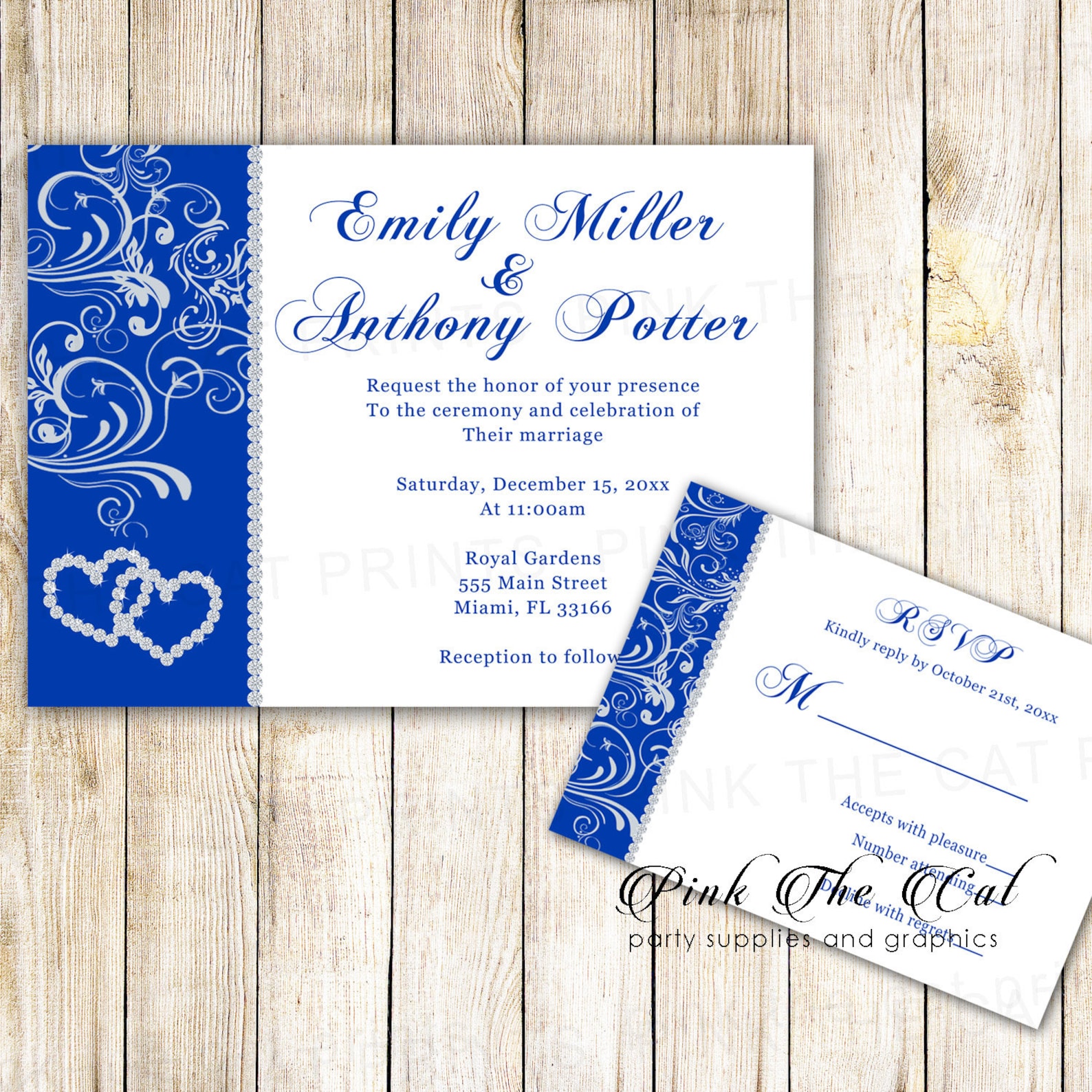 Rhinestone Hearts Wedding Invitation Silver Royal Blue - Etsy