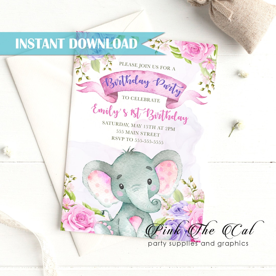 Printable Elephant Invitation, Elephant Birthday Invitation, Floral ...