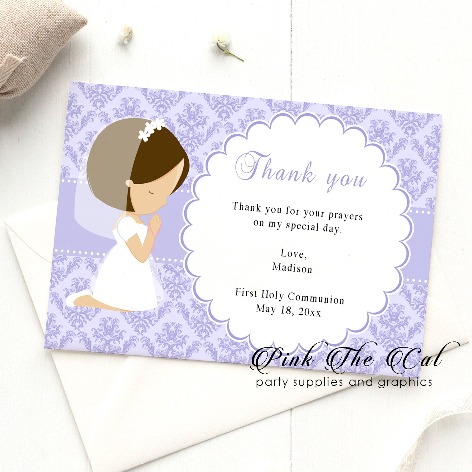 Girl First Communion Thank You Card Girl Praying Thank You | Etsy