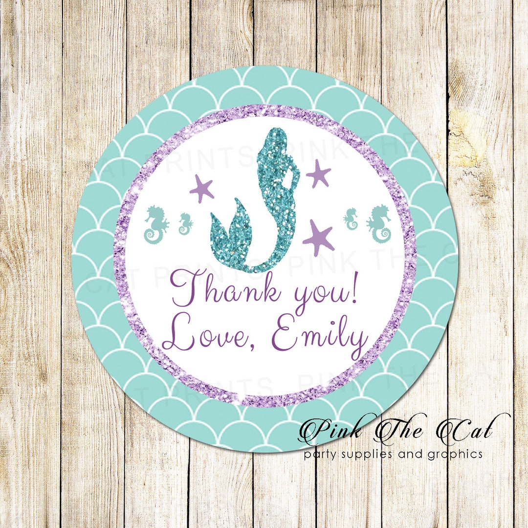 Mermaid Label, Mermaid Favor Tag, Mermaid Party Label, Glitter Purple ...