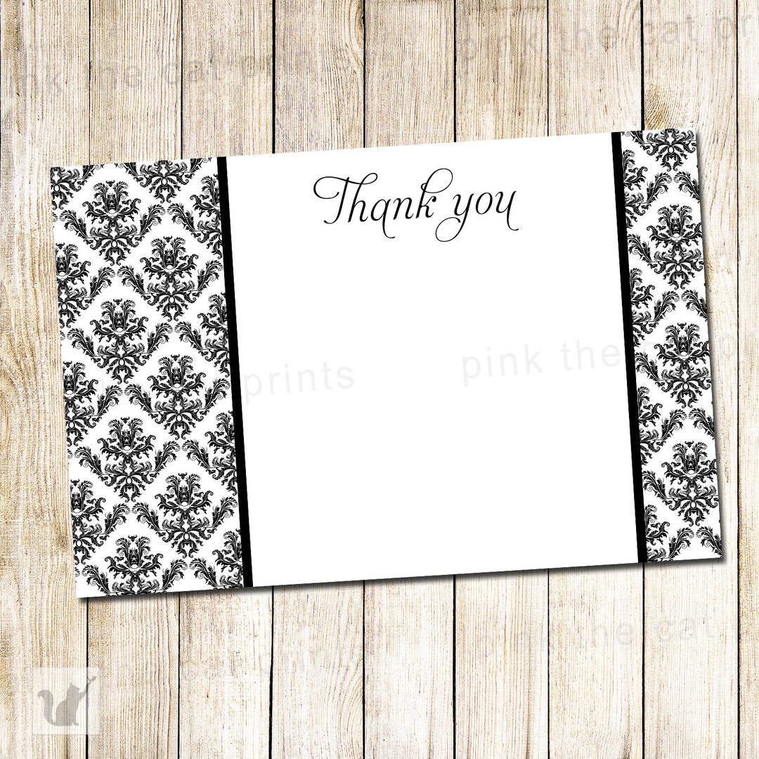 Printable Black White Damask Blank Thank You Card Note - Wedding ...